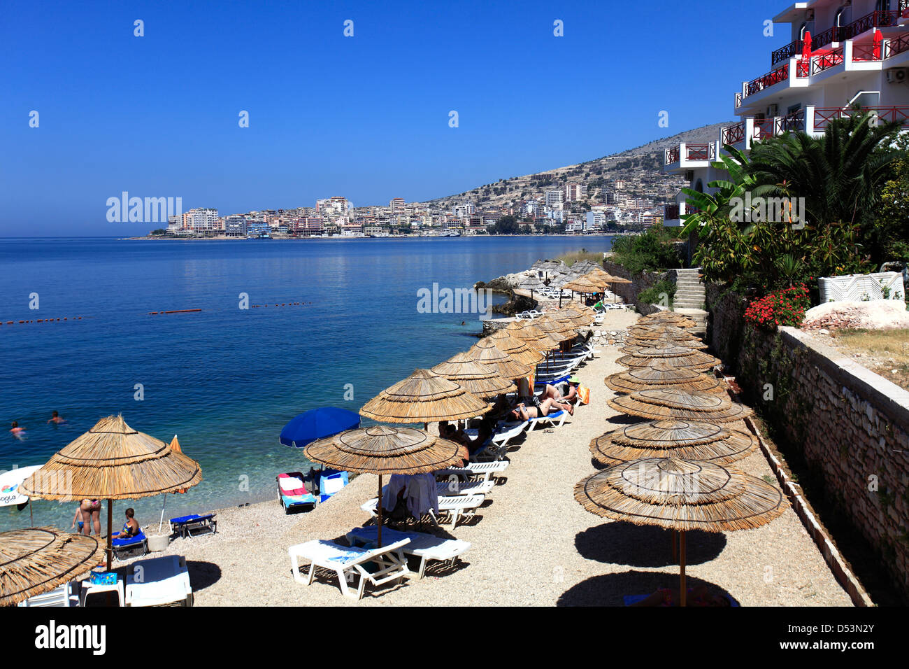 Summer view of the beach and promenade, Saranda Town, Albania, Europe ...