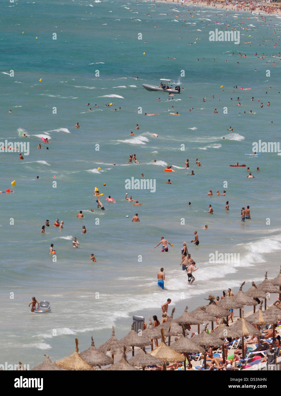 A crowded beach in the Spanish Balearic island of Mallorca Stock Photo ...