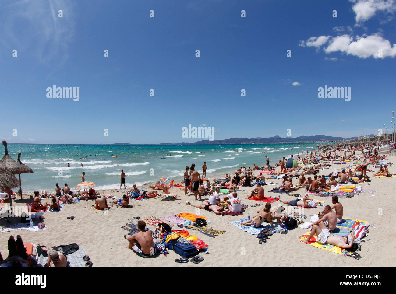 A crowded beach in the Spanish Balearic island of Mallorca Stock Photo ...
