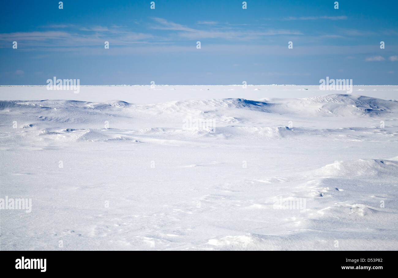 Empty winter landscape. Deep blue sky and snow on frozen Baltic Sea ...