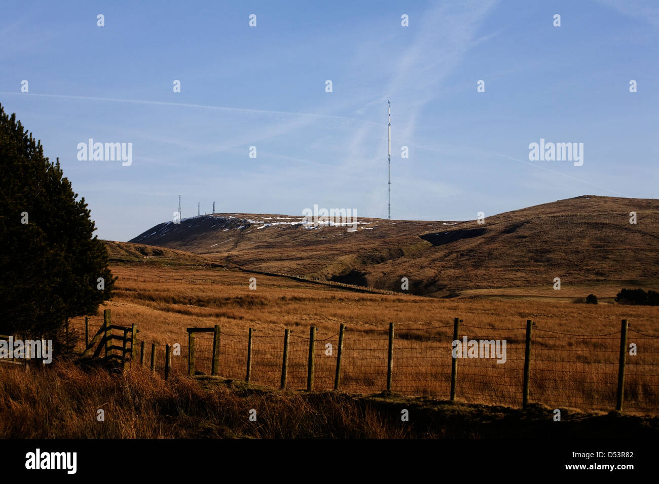 Television masts on top of Winter Hill in winter Rivington near Horwich ...