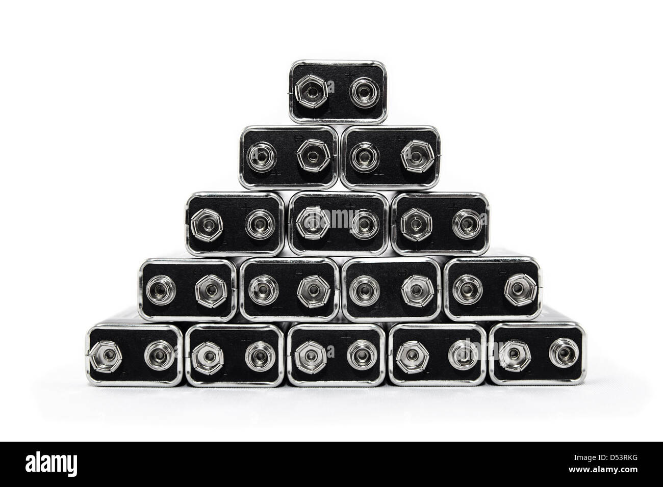 Nine volt batteries forming a pyramid, on white background Stock Photo ...