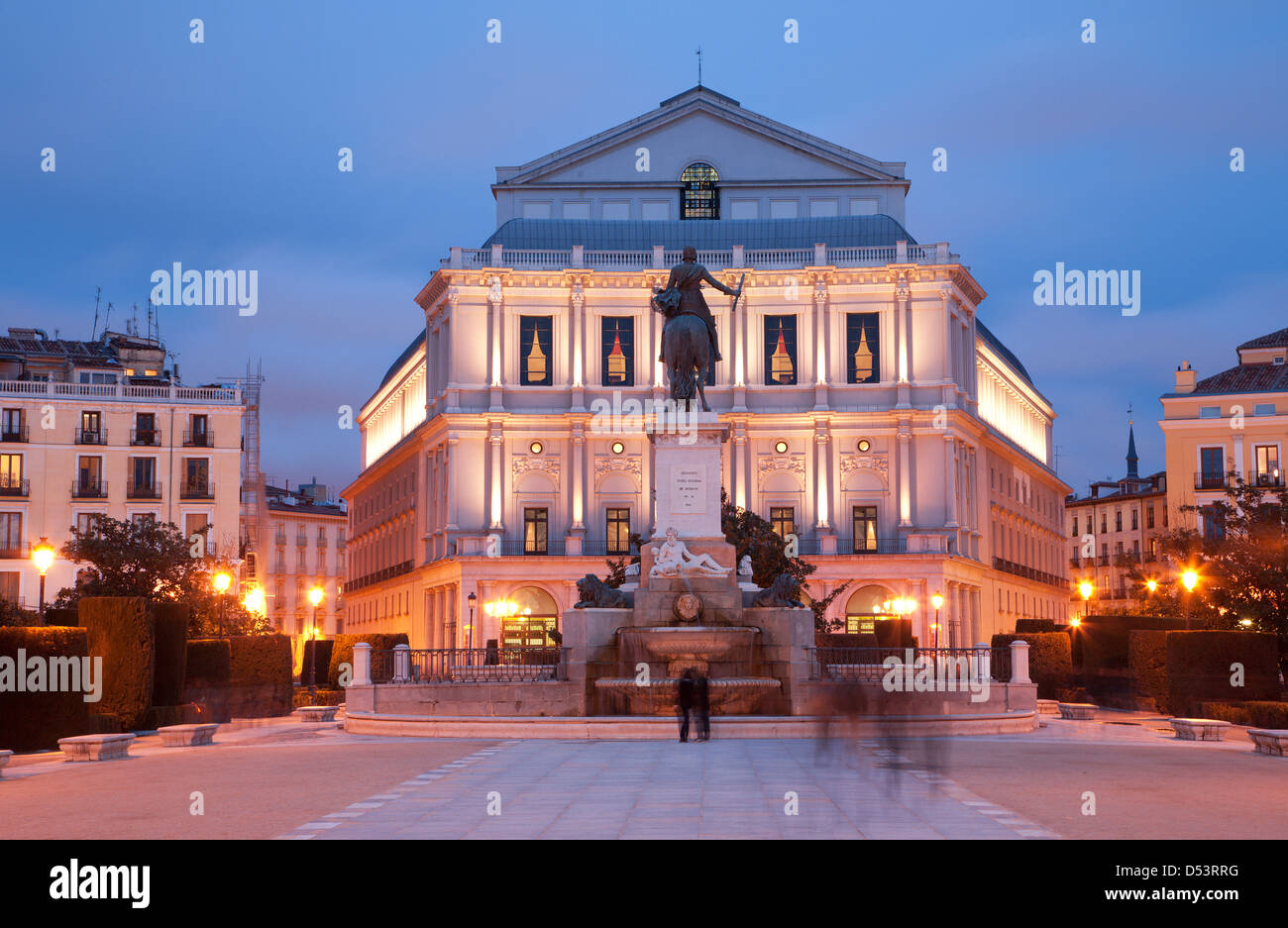 Madrid - Philip IV of Spain memorial and Opera in evening dusk Stock ...