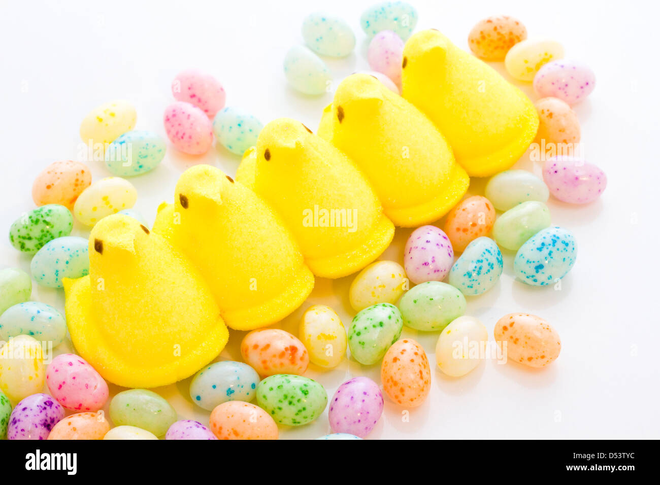 Marshmallow chicks for Easter on a white background Stock Photo - Alamy