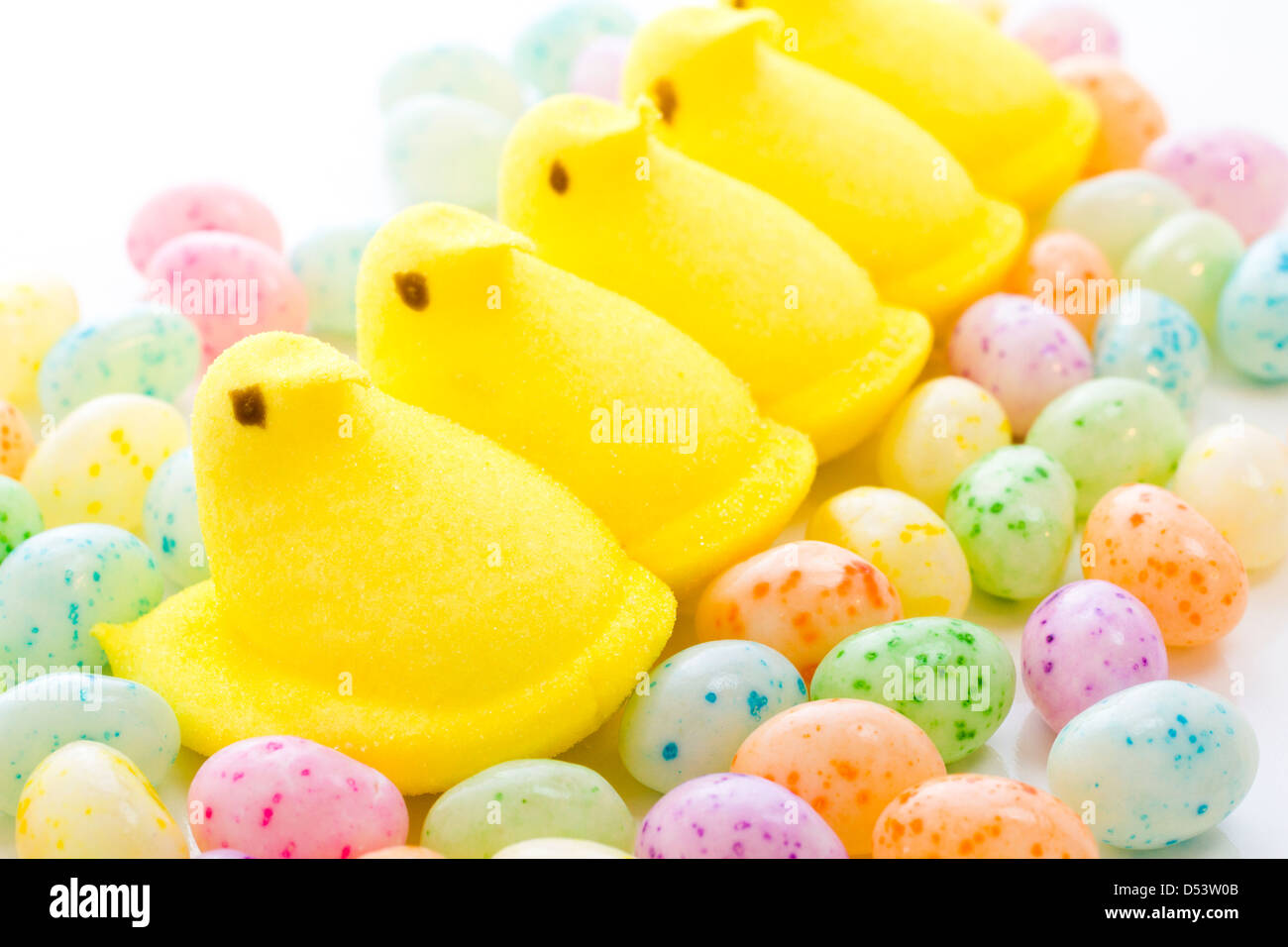 Marshmallow chicks for Easter on a white background Stock Photo - Alamy