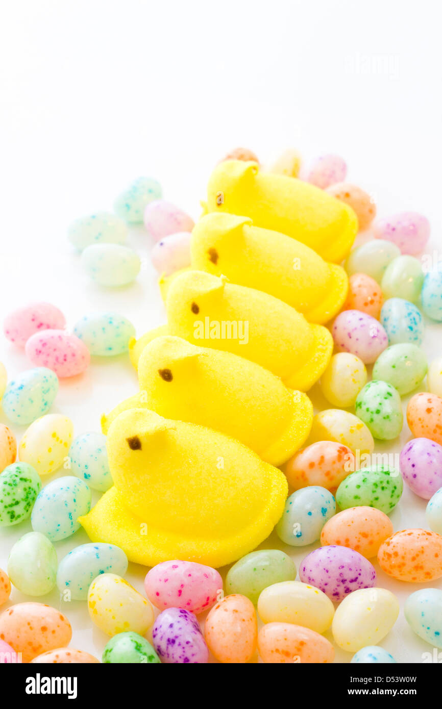 Marshmallow chicks for Easter on a white background Stock Photo - Alamy