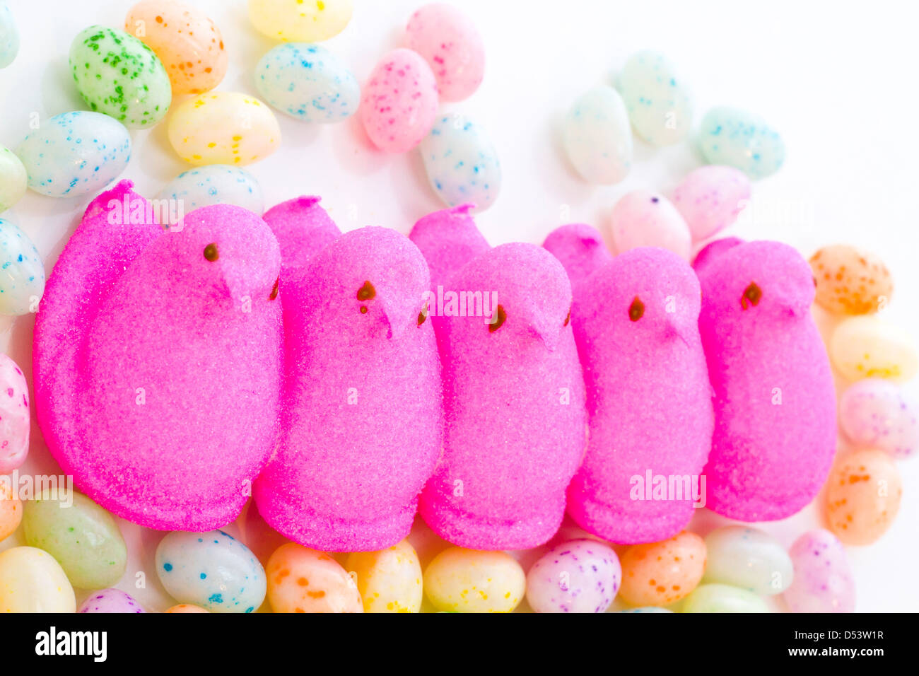 Marshmallow chicks for Easter on a white background Stock Photo - Alamy