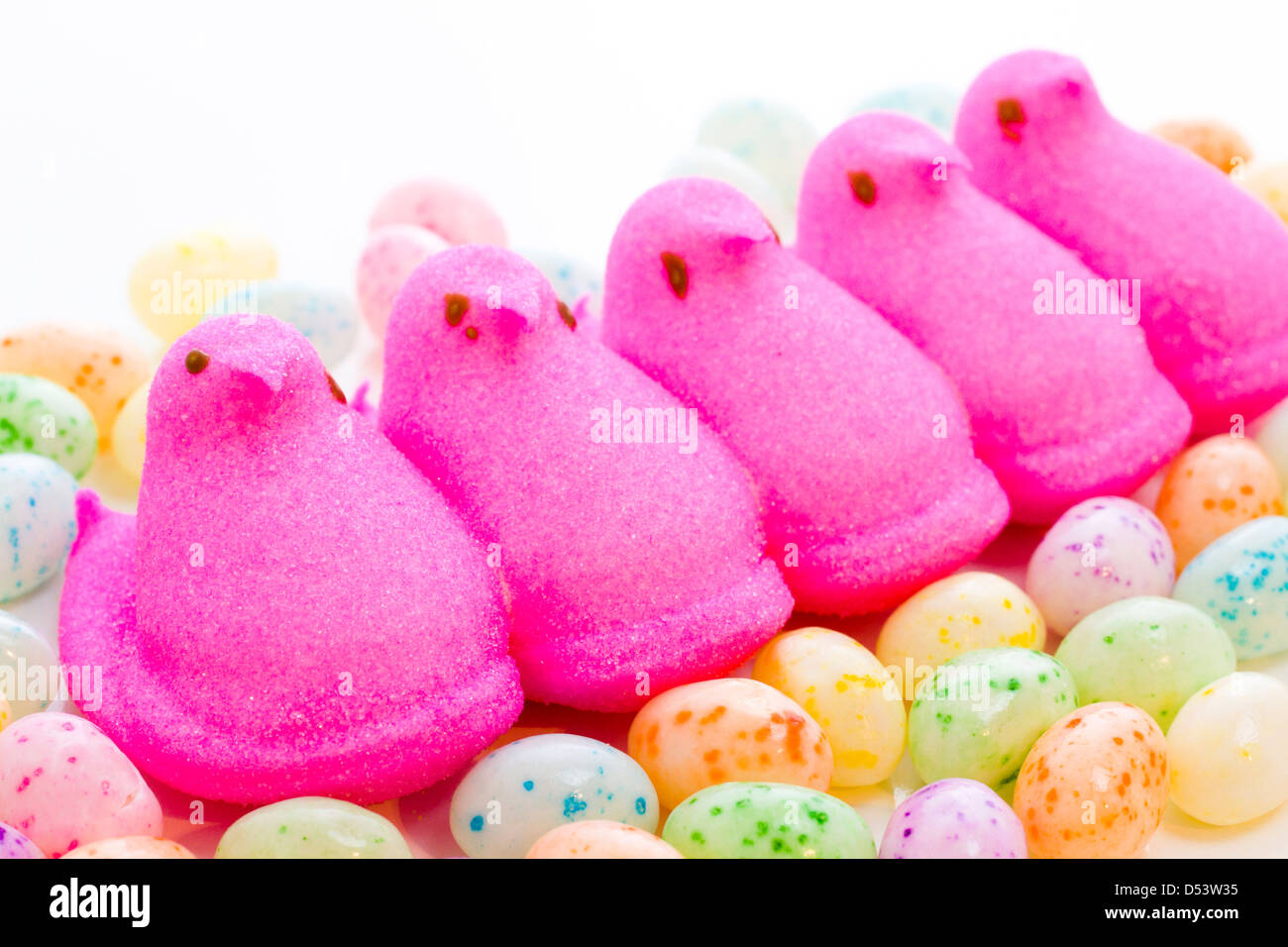 Marshmallow chicks for Easter on a white background Stock Photo - Alamy