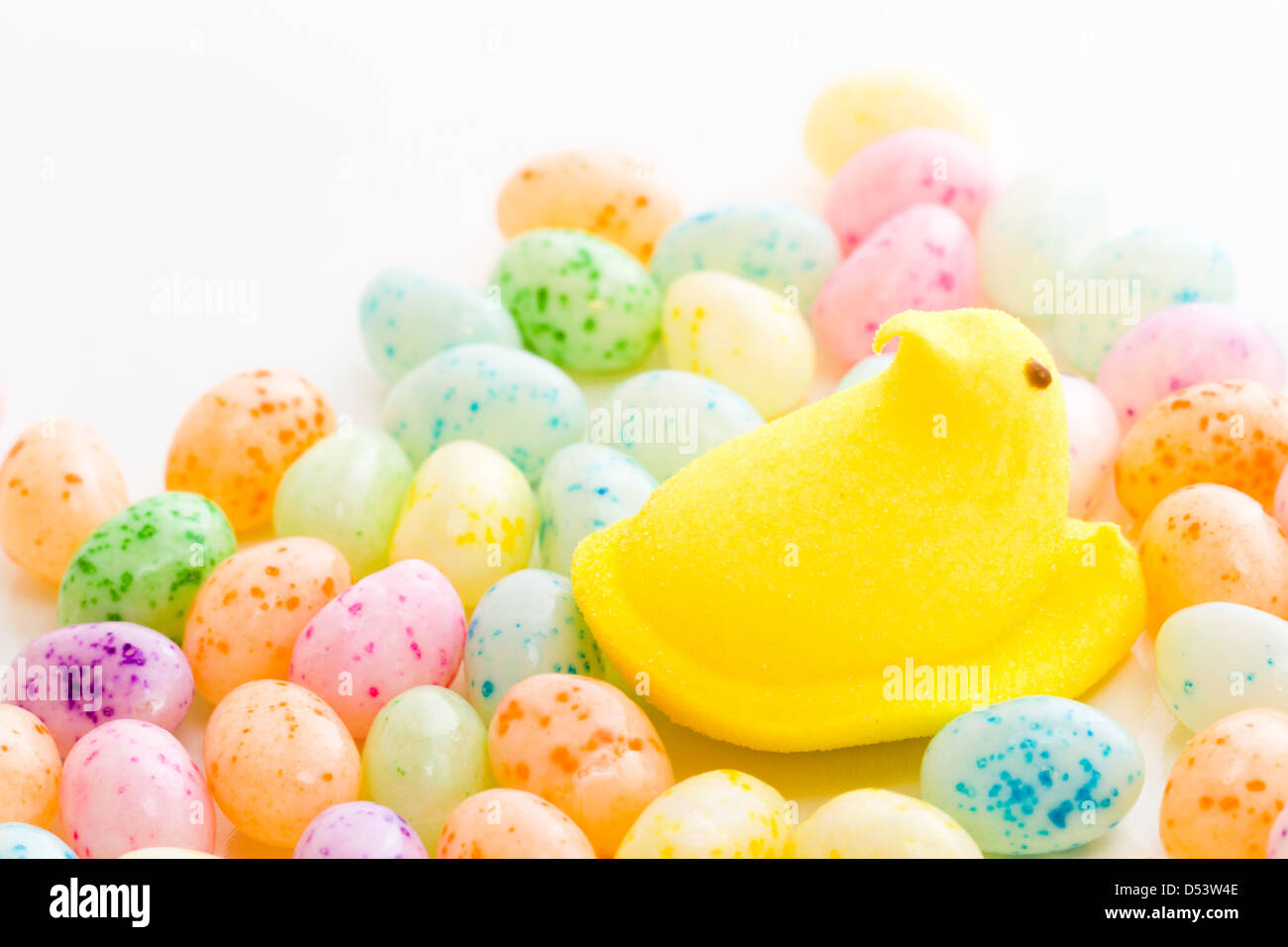 Marshmallow chicks for Easter on a white background Stock Photo - Alamy