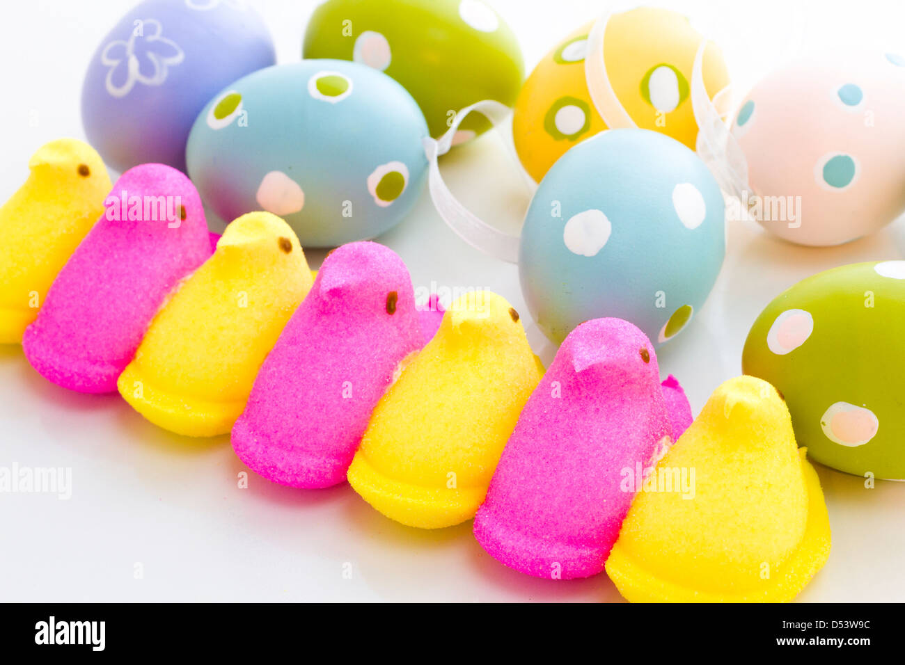 Marshmallow chicks for Easter on a white background Stock Photo - Alamy