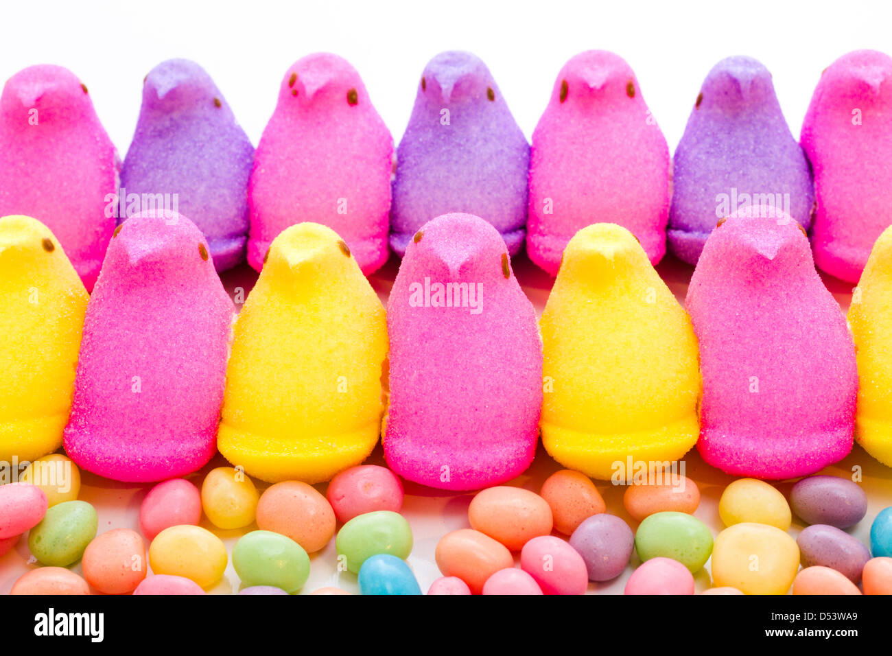 Marshmallow chicks for Easter on a white background Stock Photo - Alamy