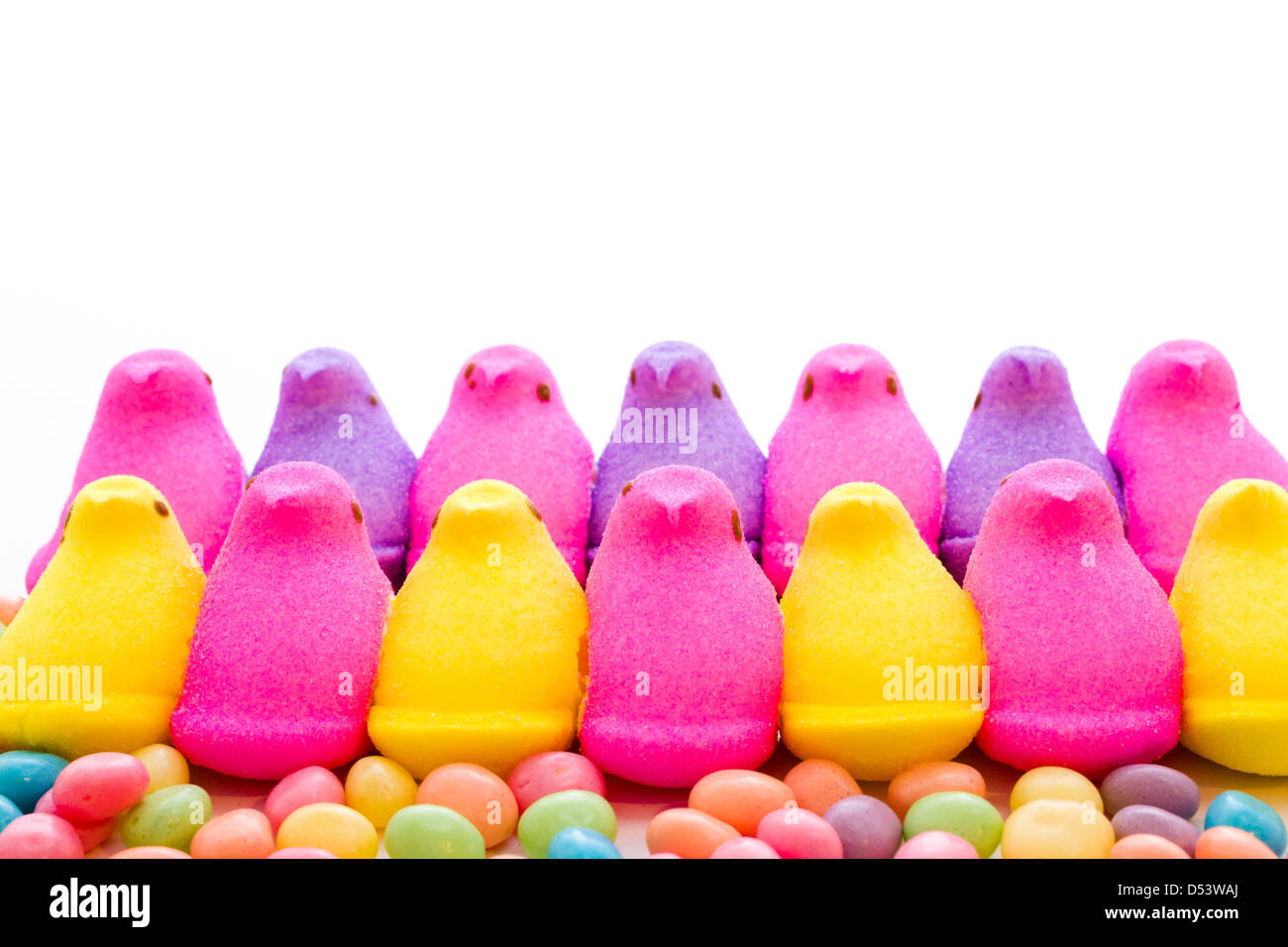 Marshmallow chicks for Easter on a white background Stock Photo - Alamy