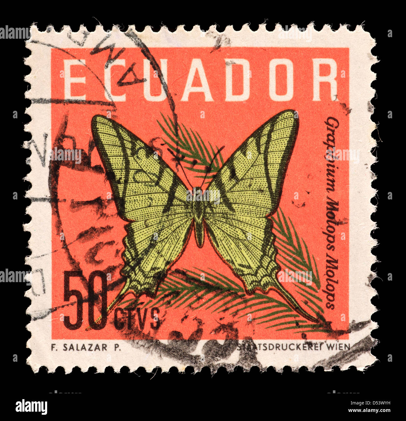 Postage stamp from Ecuador depicting a tropical swallowtail butterfly ...