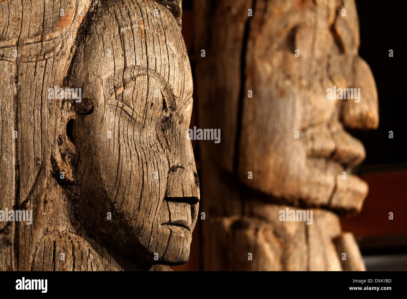 Totem poles inside Totem Heritage Center (Memorial Pole, Haida, left ...