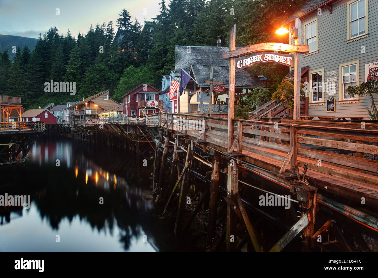 Buildings on pilings above Ketchikan Creek, historic Creek Street ...