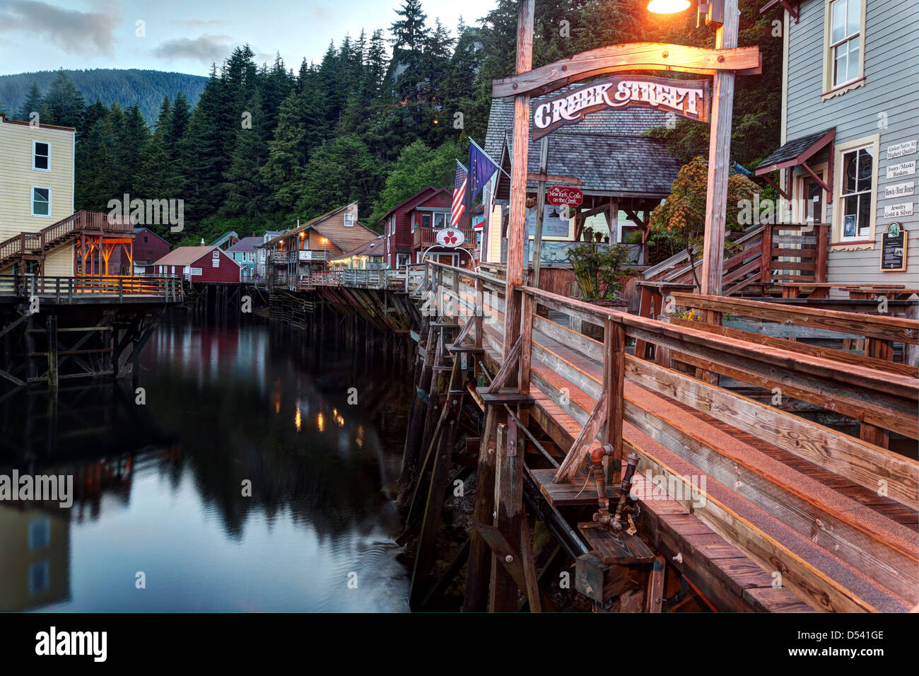 Buildings on pilings above Ketchikan Creek, historic Creek Street ...