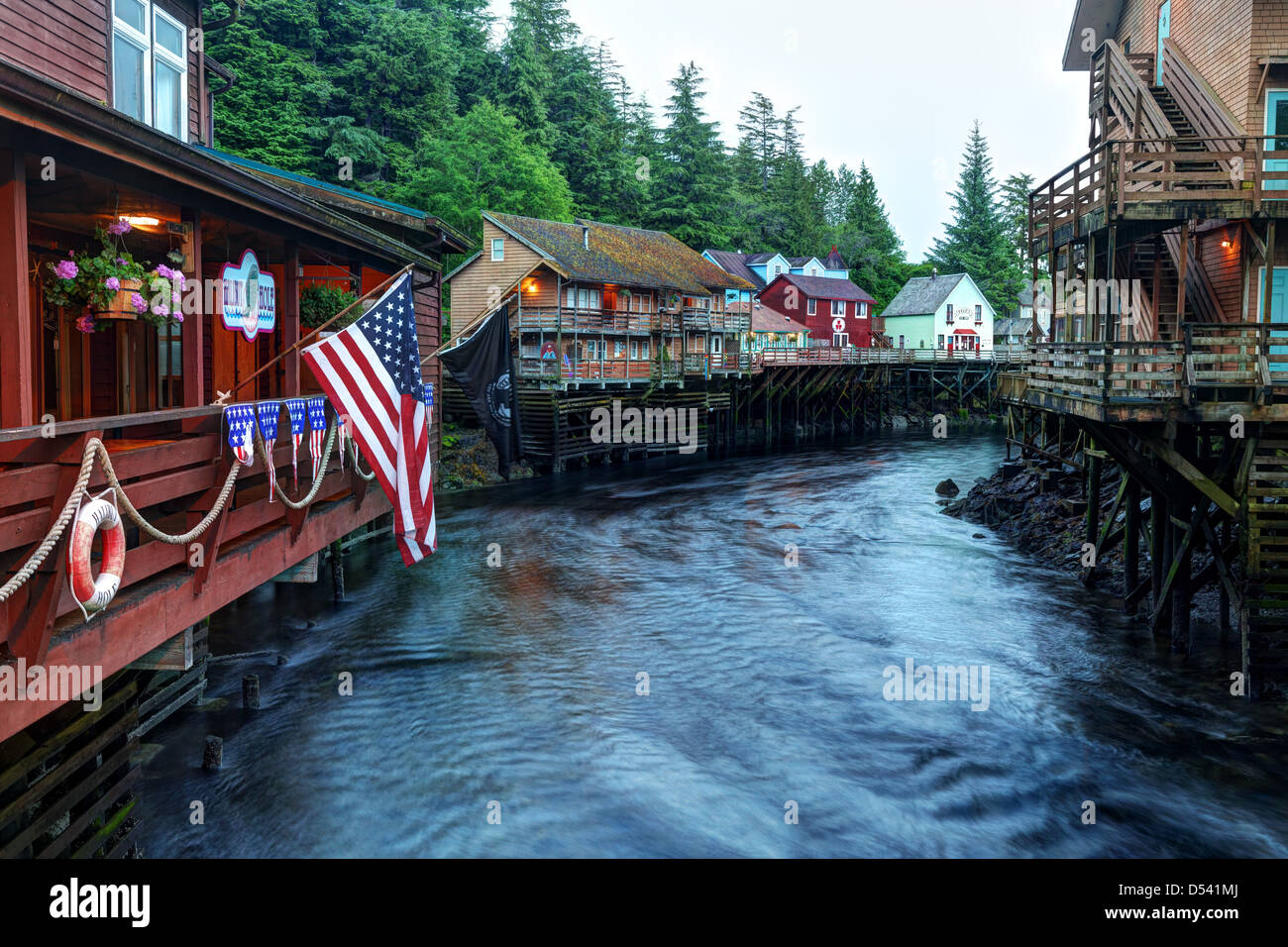 Buildings on pilings above Ketchikan Creek, historic Creek Street ...