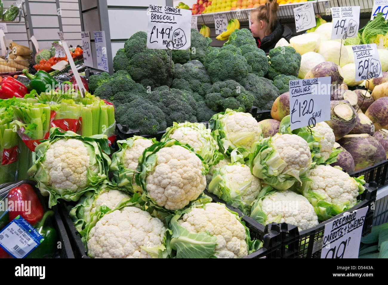 English cauliflowers and Spanish broccoli for sale on stall Darlington ...