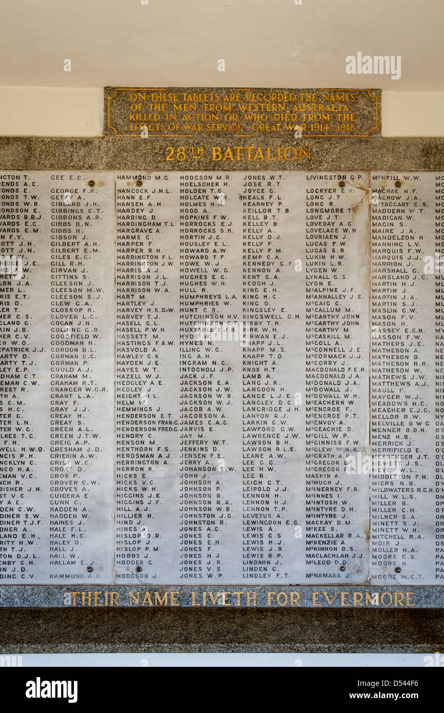 Names of the fallen at the War Memorial, Kings Park Stock Photo - Alamy