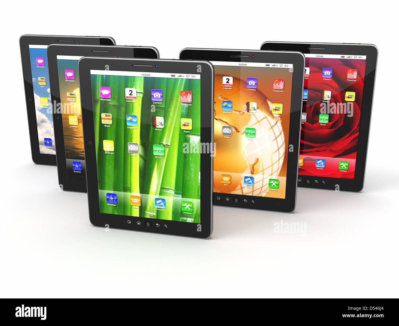 Group of digital tablet pc with different screen backgrounds. 3d Stock ...