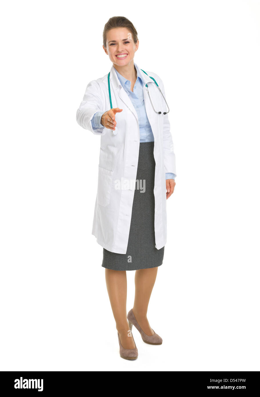 Happy medical doctor woman stretching hand for handshake Stock Photo ...