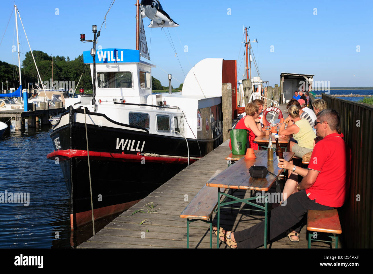 Hiddensee Island, Kloster, oldtimer ship WILLI at Kloster harbor ...
