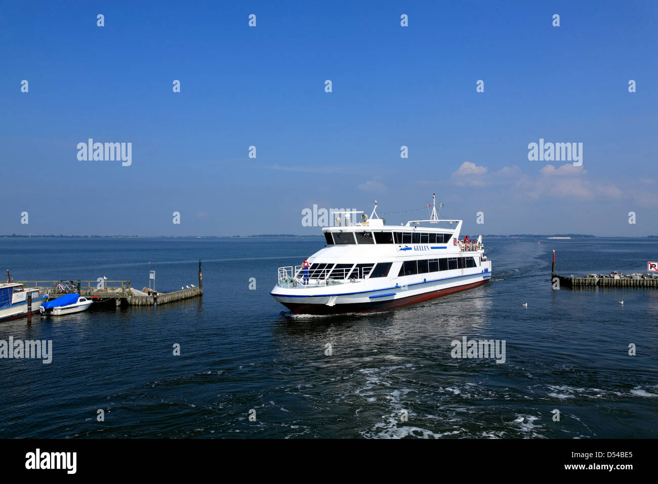 Hiddensee Island, ferry coming in the harbor of Neuendorf, Mecklenburg ...