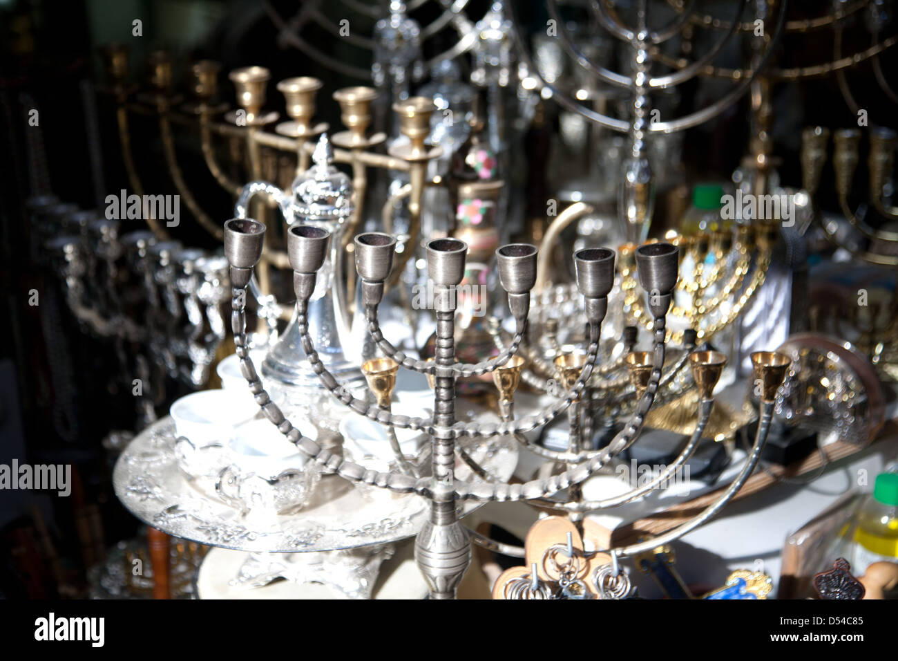 Display of menorahs, traditional symbol of Judaism, Jerusalem, Israel ...