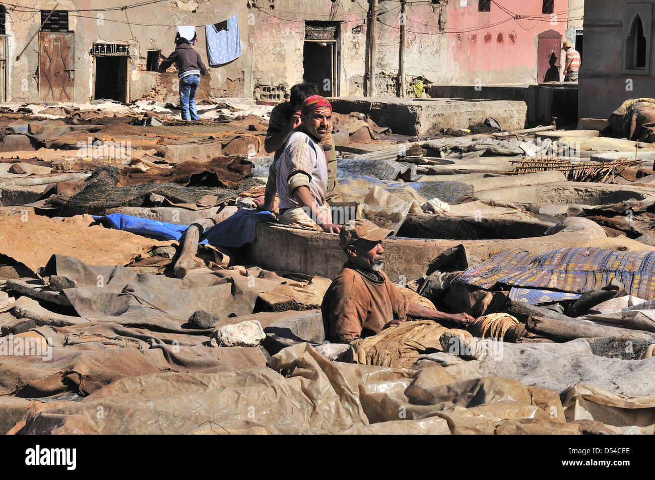 Men tending to the cow hides soaking in water in the vats at the ...