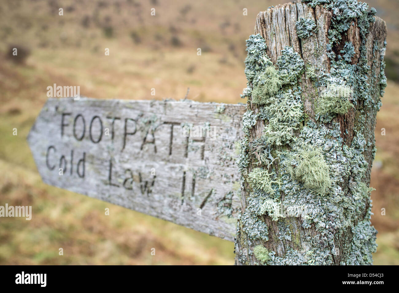 Footpath Sign covered in Lichen and Moss, The Cheviot Hills ...
