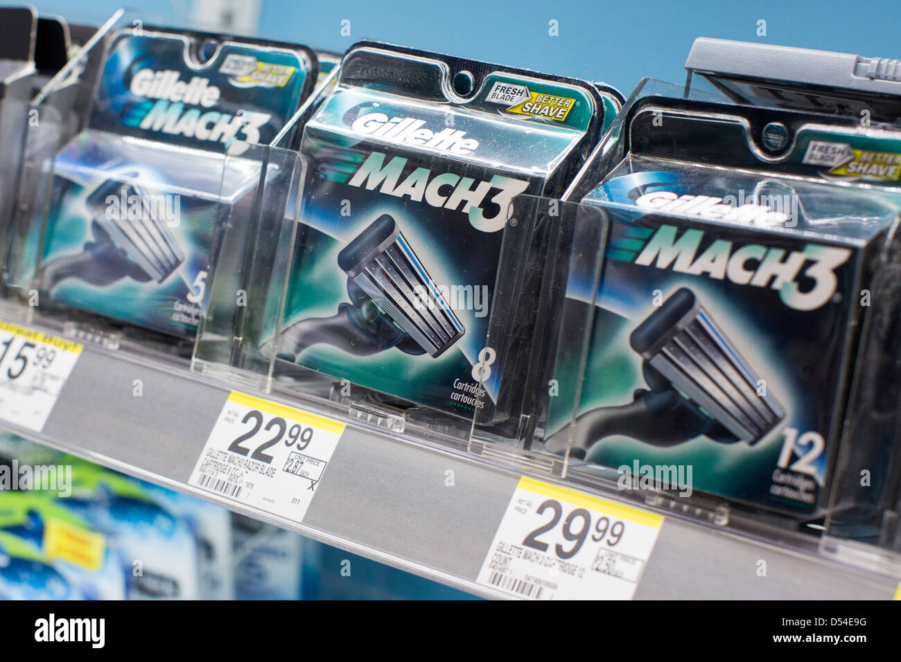 Gillette shaving products on display at a Walgreens Flagship store ...