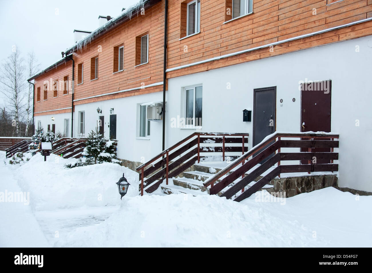 Country house in winter season with snowy entrance porch. Russia Stock ...