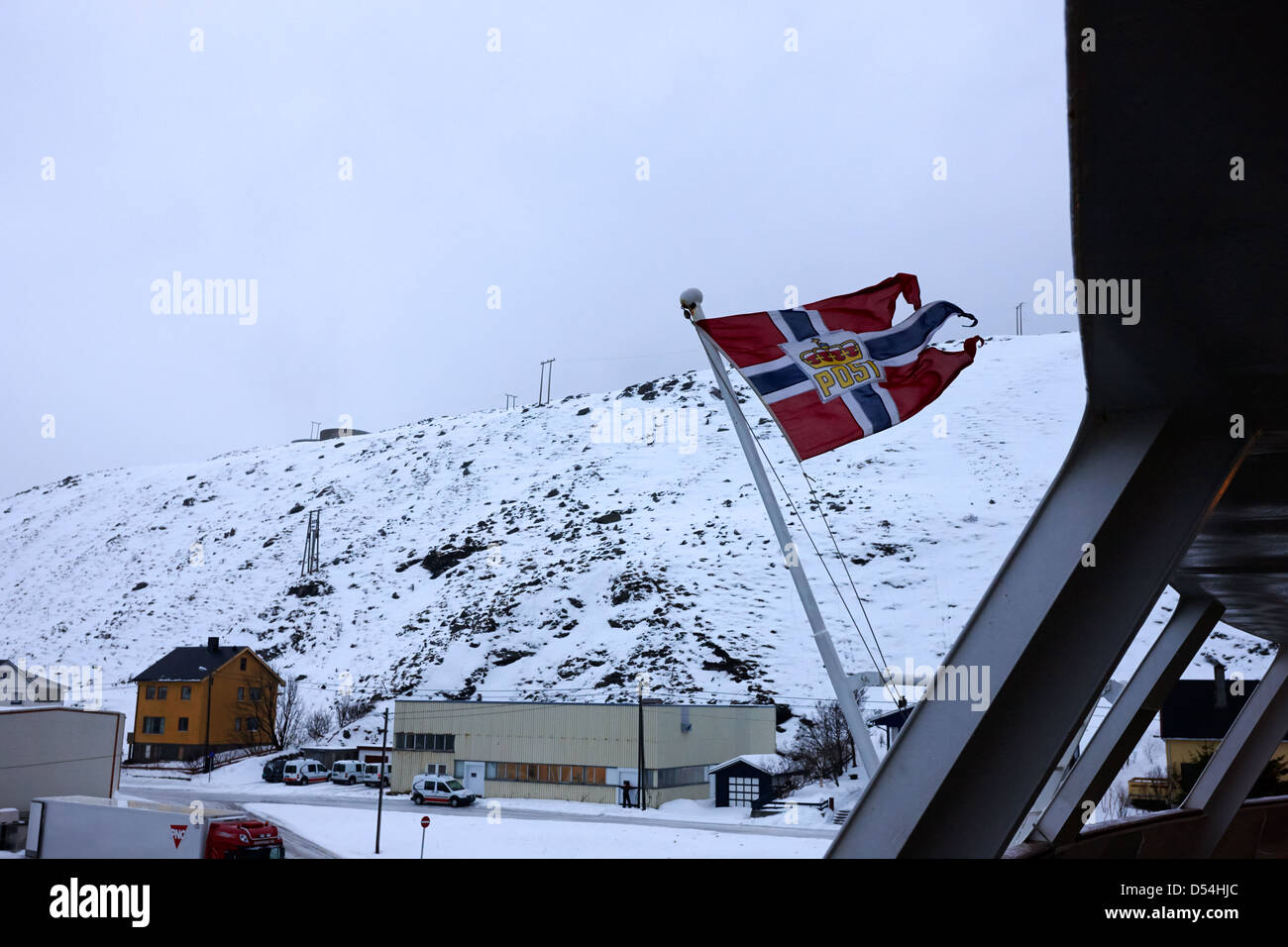 norwegian post flag flying on stern of hurtigruten coastal ship ...