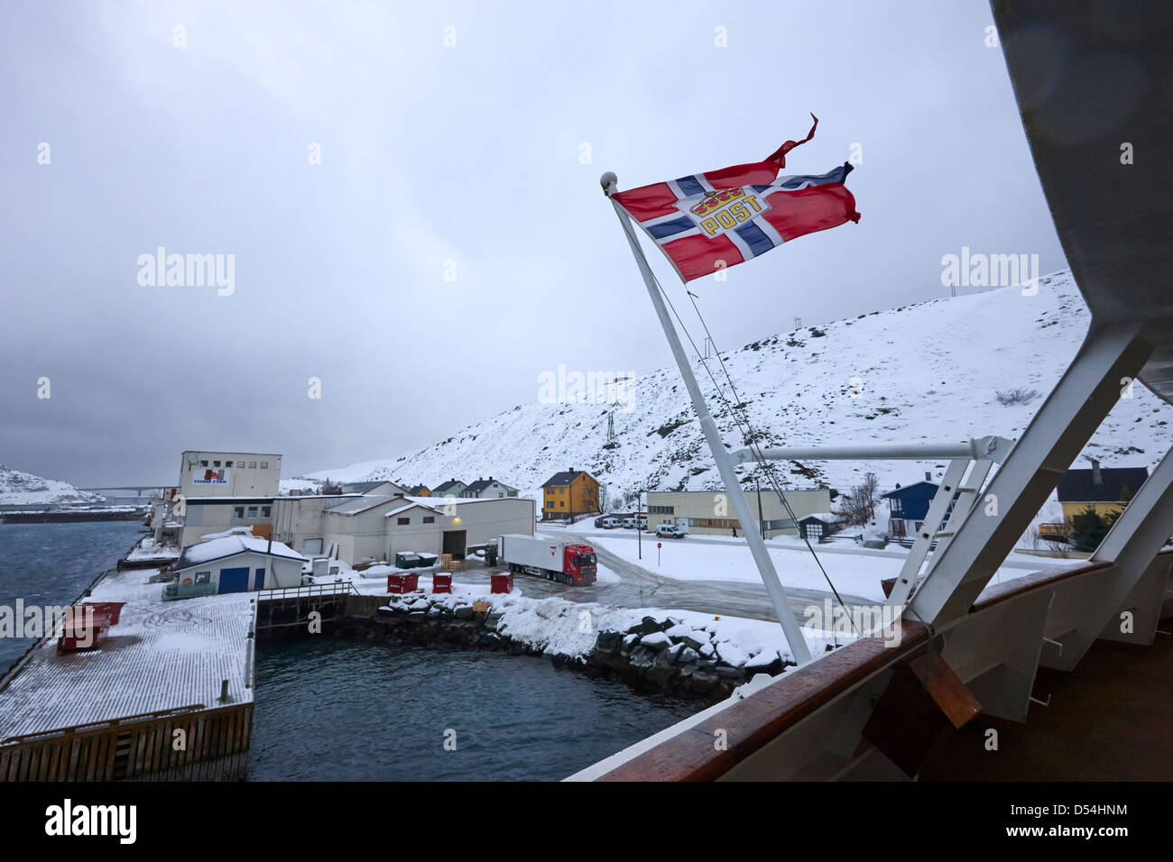 norwegian post flag flying on stern of hurtigruten coastal ship ...