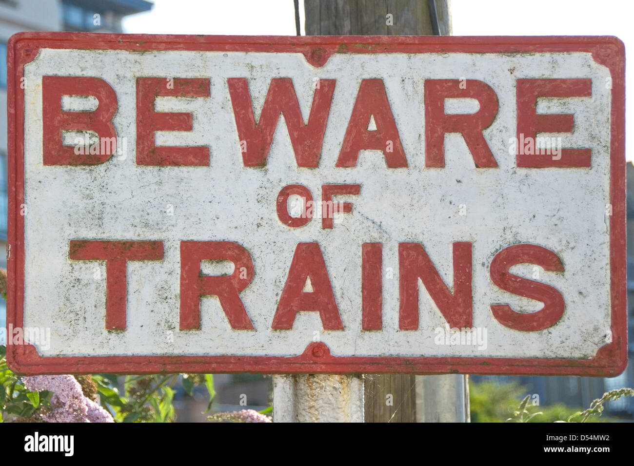Beware of trains, sign, England, UK Stock Photo - Alamy
