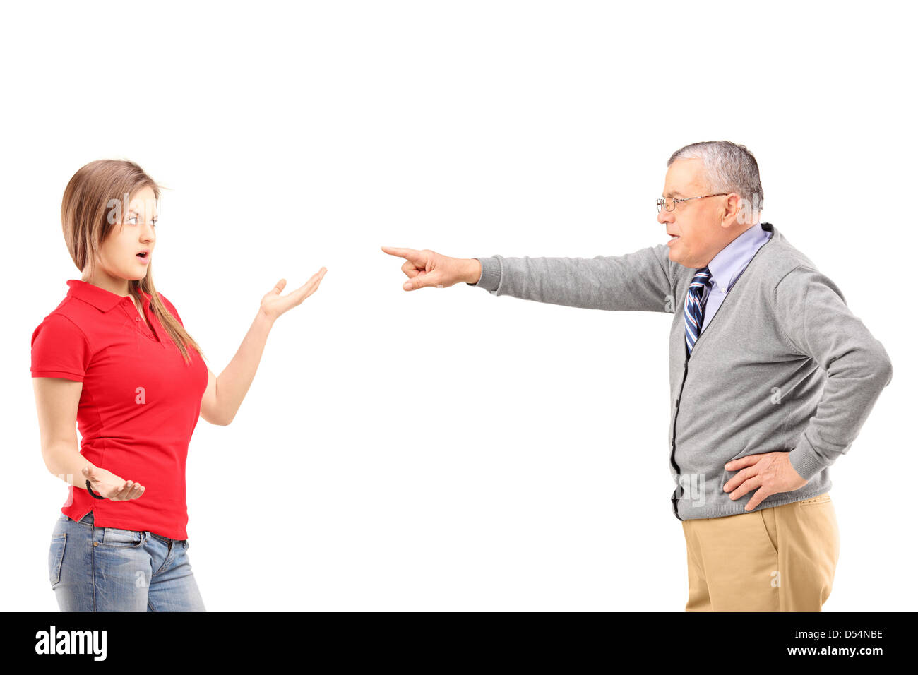 Angry father pointing at his daughter isolated on white background ...