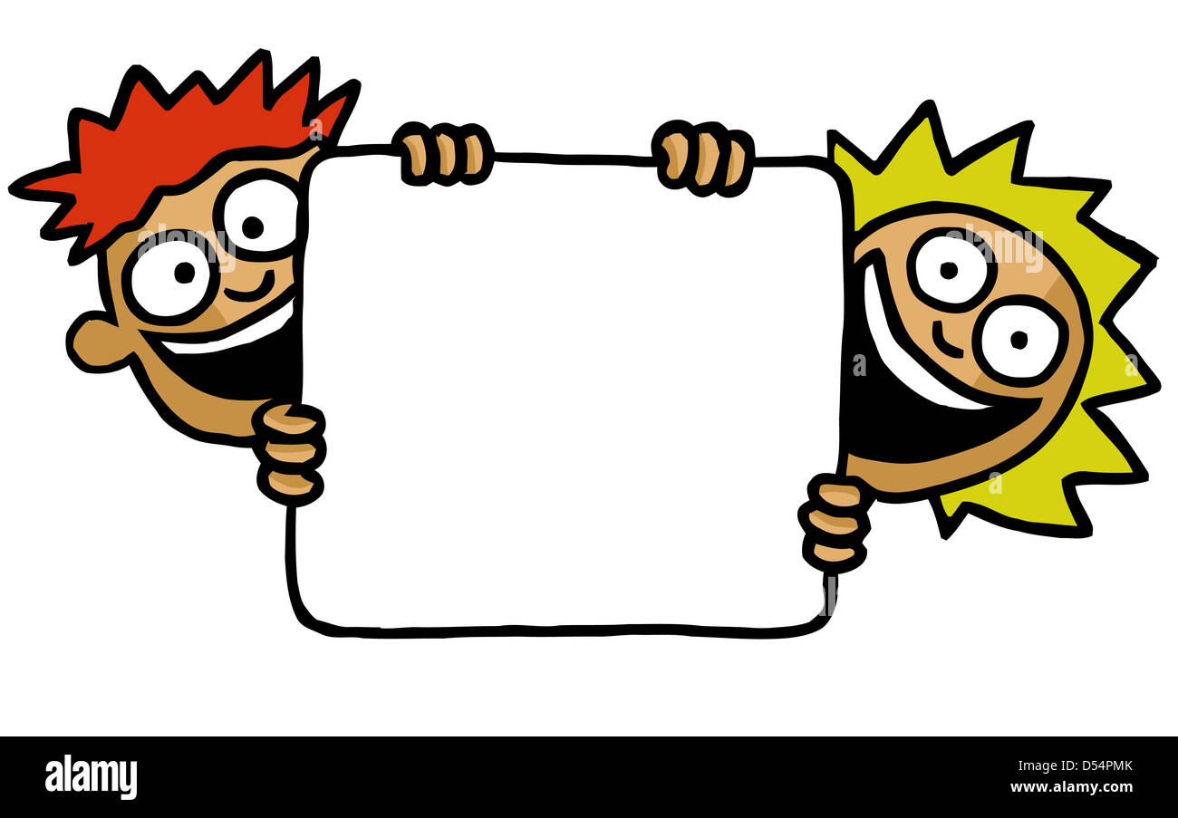 Two kids holding a board Stock Photo - Alamy