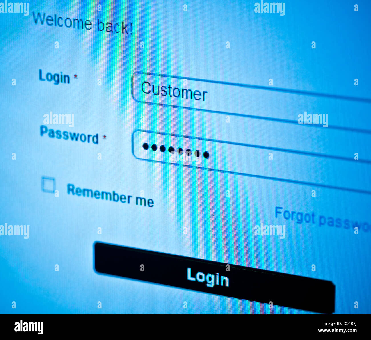 login - customer and password. Blue computer screen macro Stock Photo ...