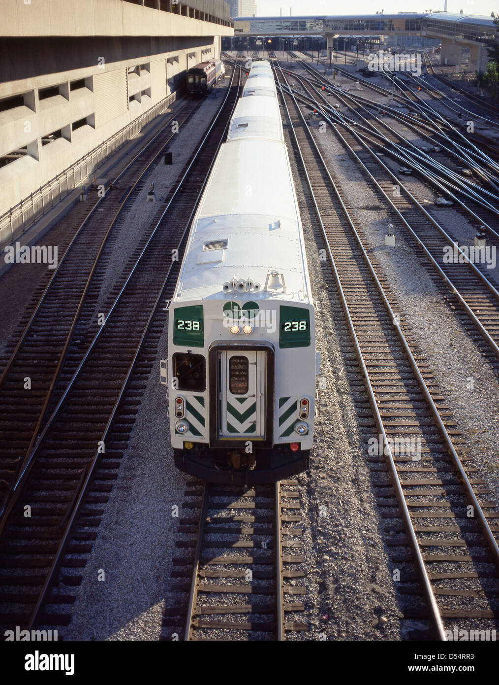 GO commuter trains outside downtown Union Station, Toronto, Ontario ...