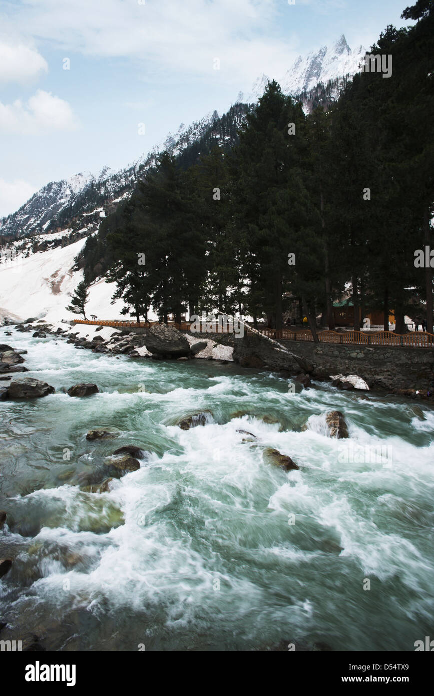 River flowing in the snowy valley, Sonmarg, Jammu And Kashmir, India ...