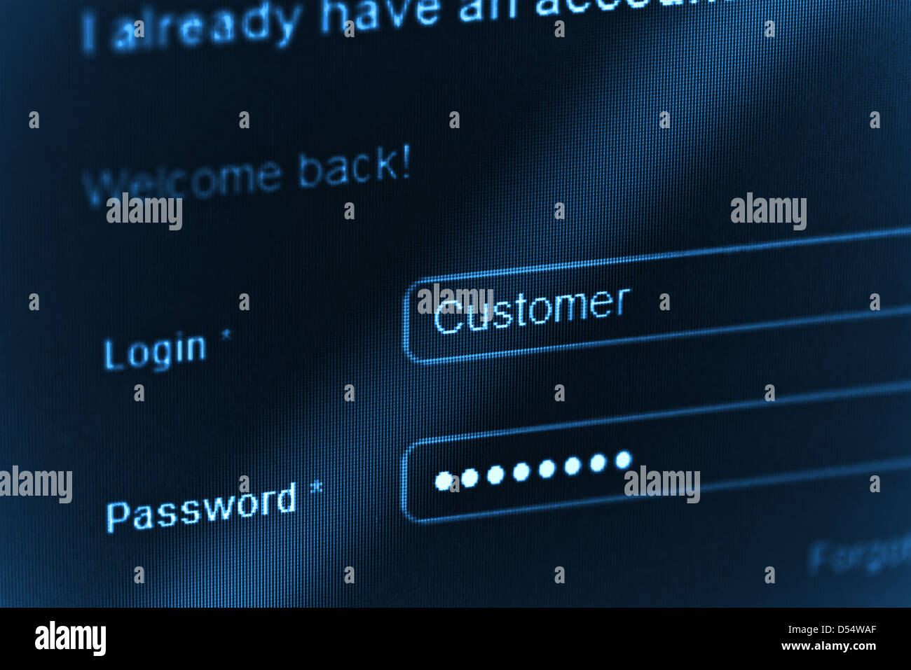 login - customer and password. Blue computer screen macro Stock Photo ...