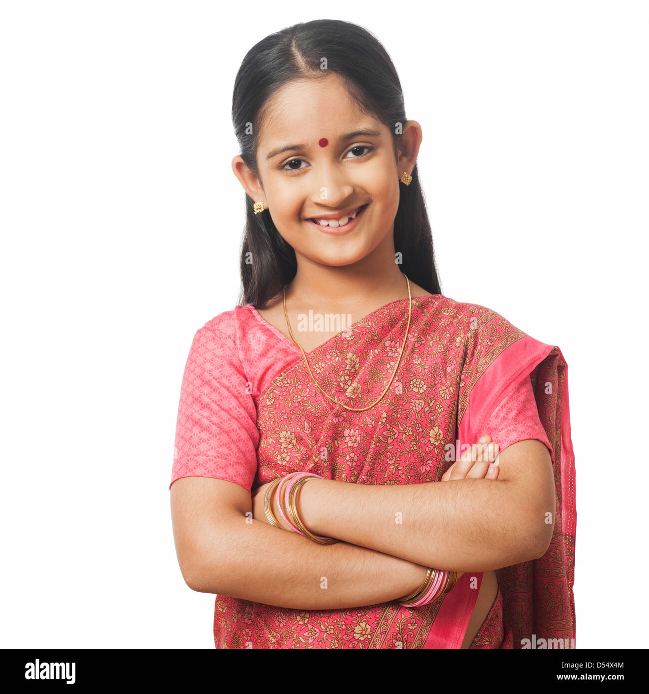 Portrait of a girl imitating like woman smiling with her arms crossed ...