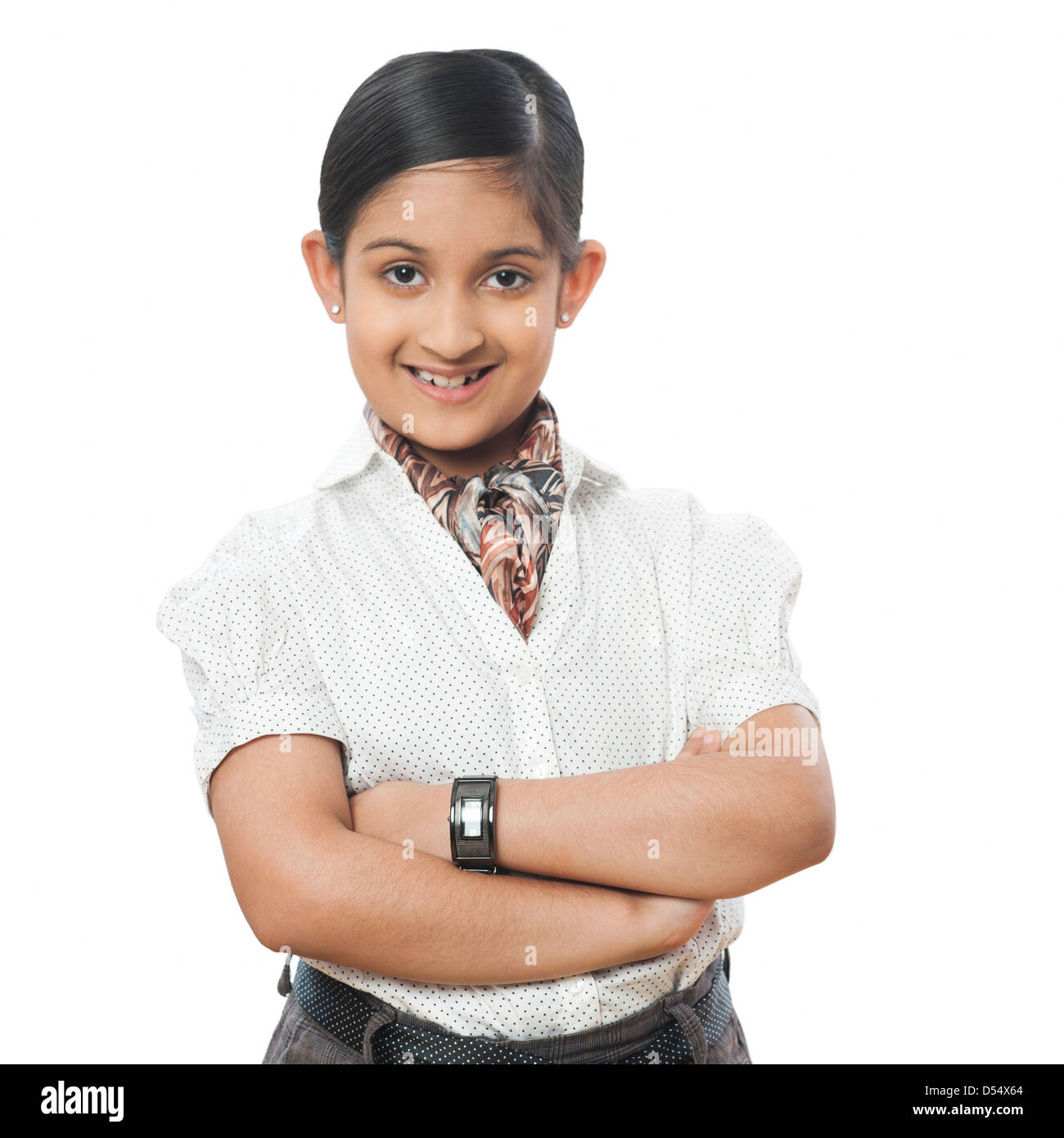 Portrait of a girl imitating like businesswoman smiling Stock Photo - Alamy