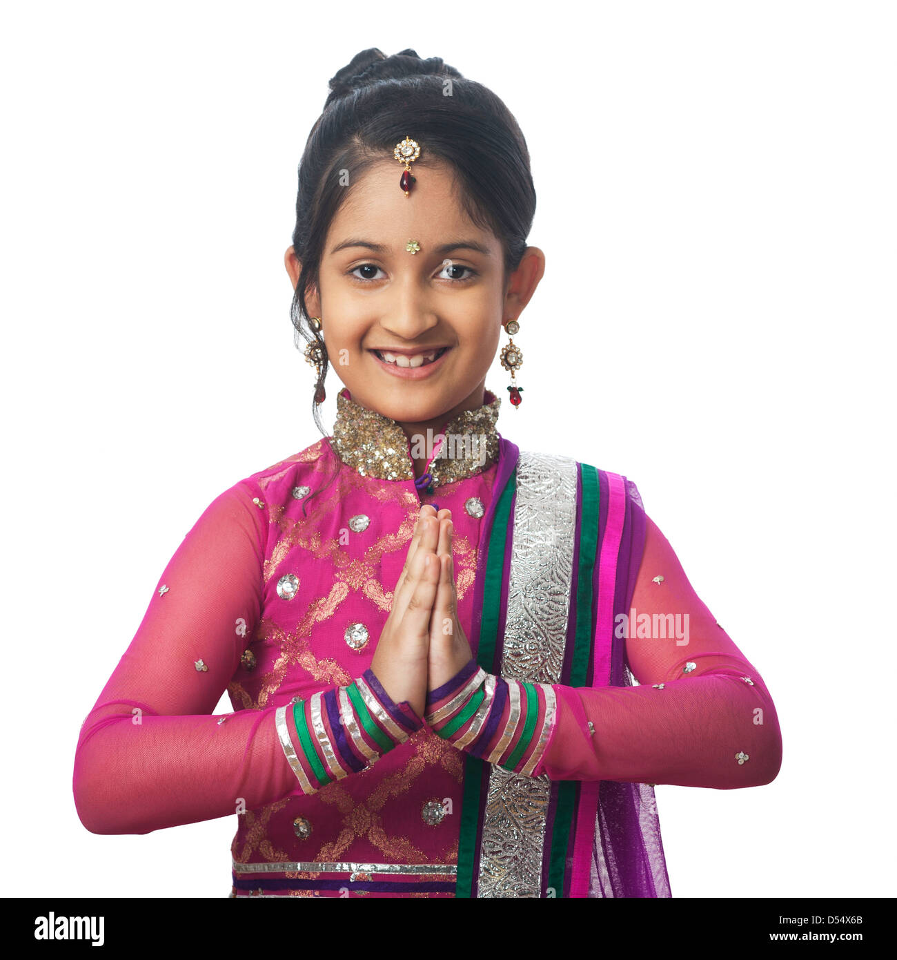 Portrait of a girl imitating like woman greeting on diwali Stock Photo ...