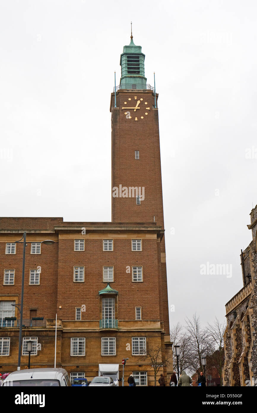 City Hall, Norwich - clock and copper top on the tower from St Giles ...