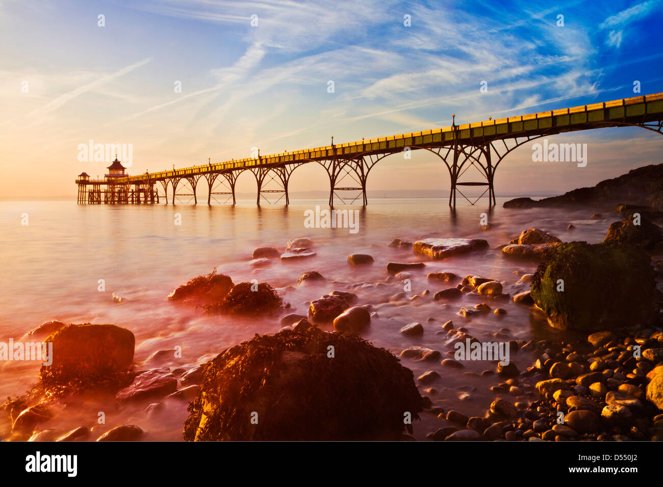 Evening light falls on the Pier at Clevedon, Somerset, England, UK ...