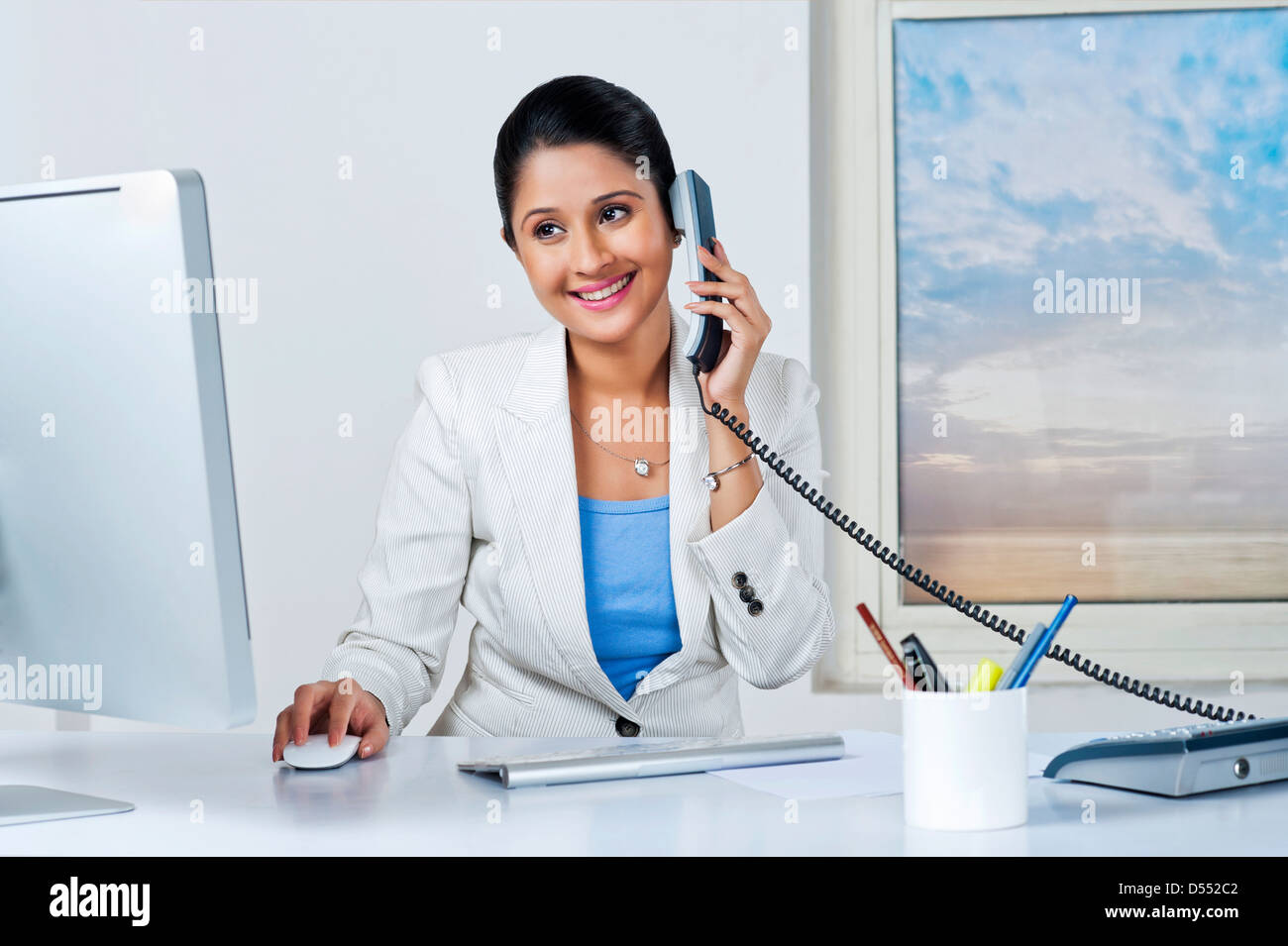 Working sitting landline phone communication holding technology ...