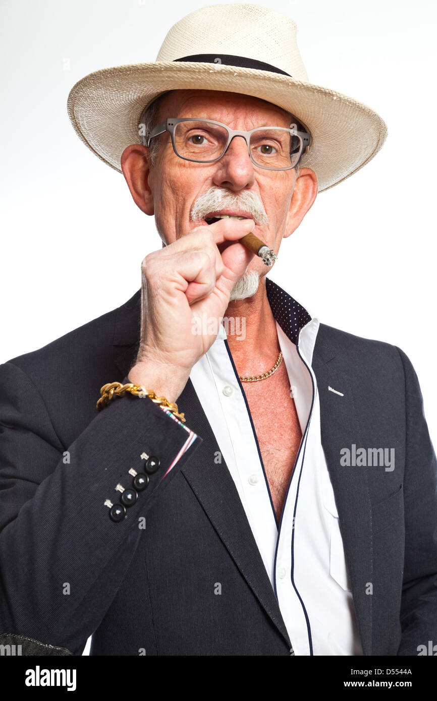 Gangster mafia man smoking cigar. Isolated on white Stock Photo - Alamy