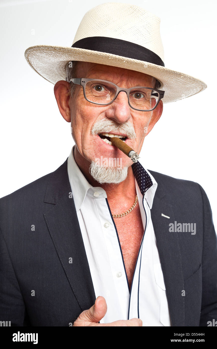 Gangster mafia man smoking cigar. Isolated on white Stock Photo - Alamy