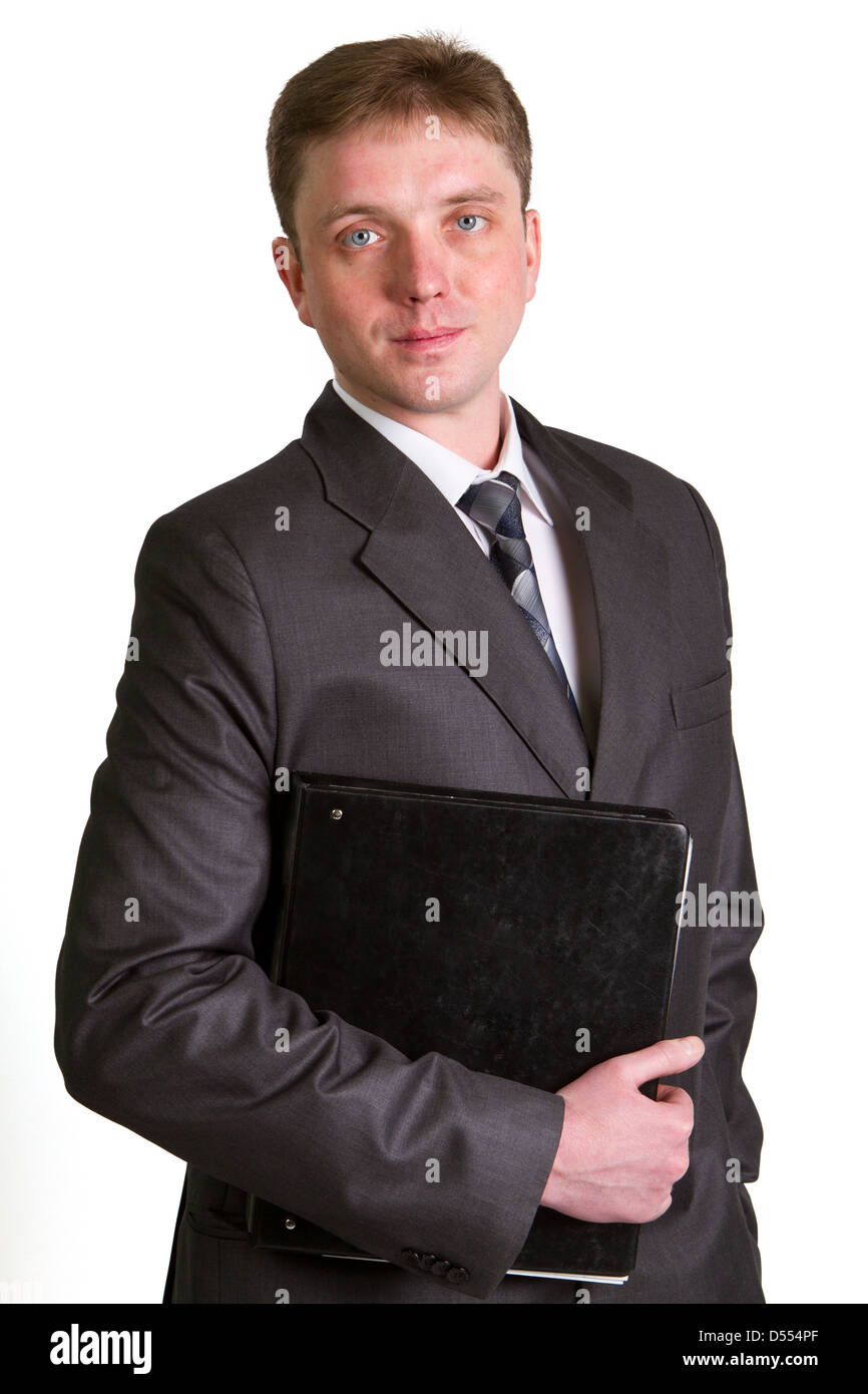 Portrait of happy smiling businessman with folder, isolated on white ...